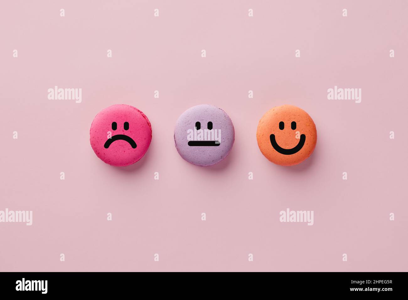 Colorful macarons with happy, neutral and sad faces. Customer rating ...