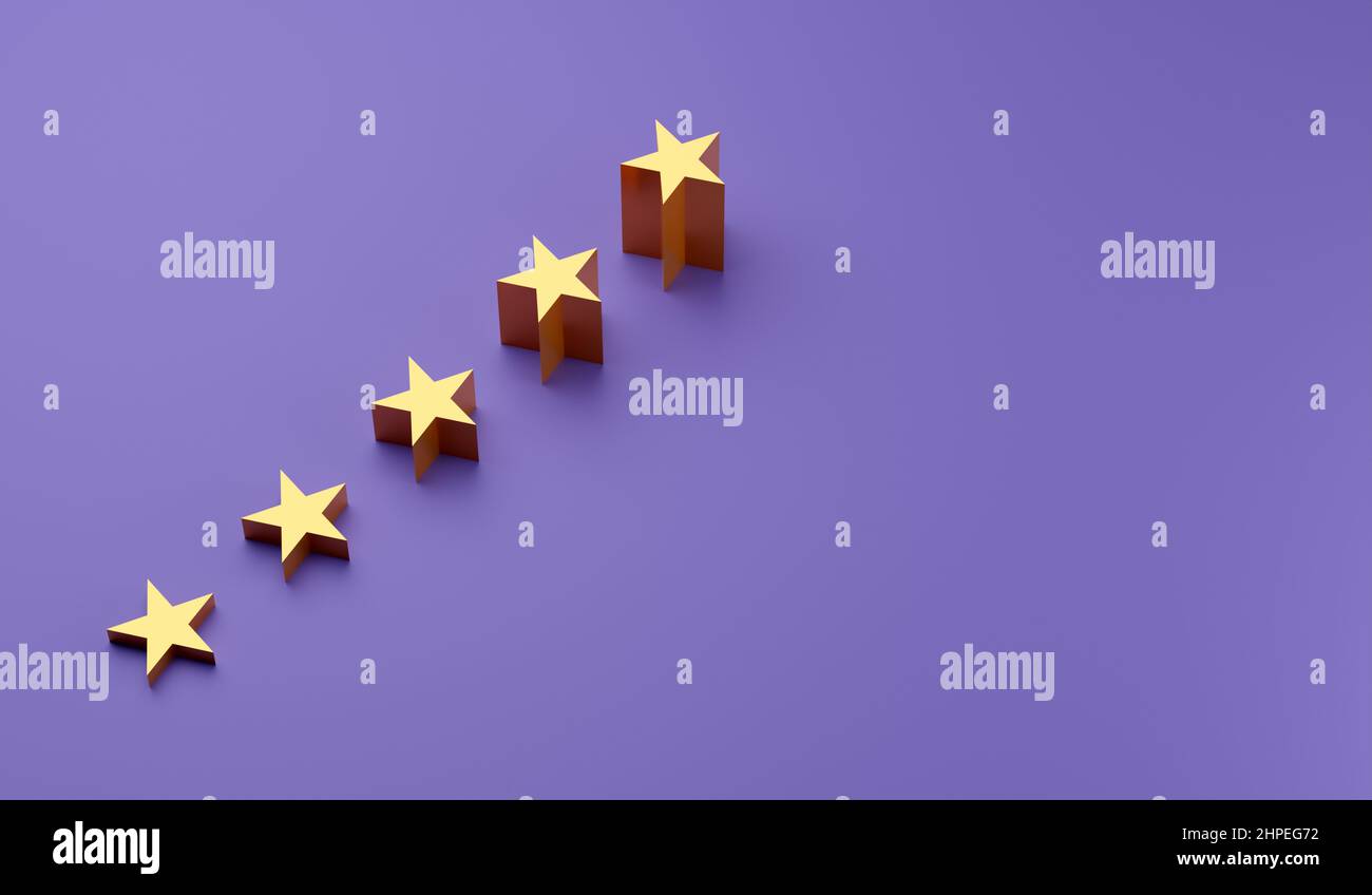 Five stars with increasing rating on blue background. Growing positive ...