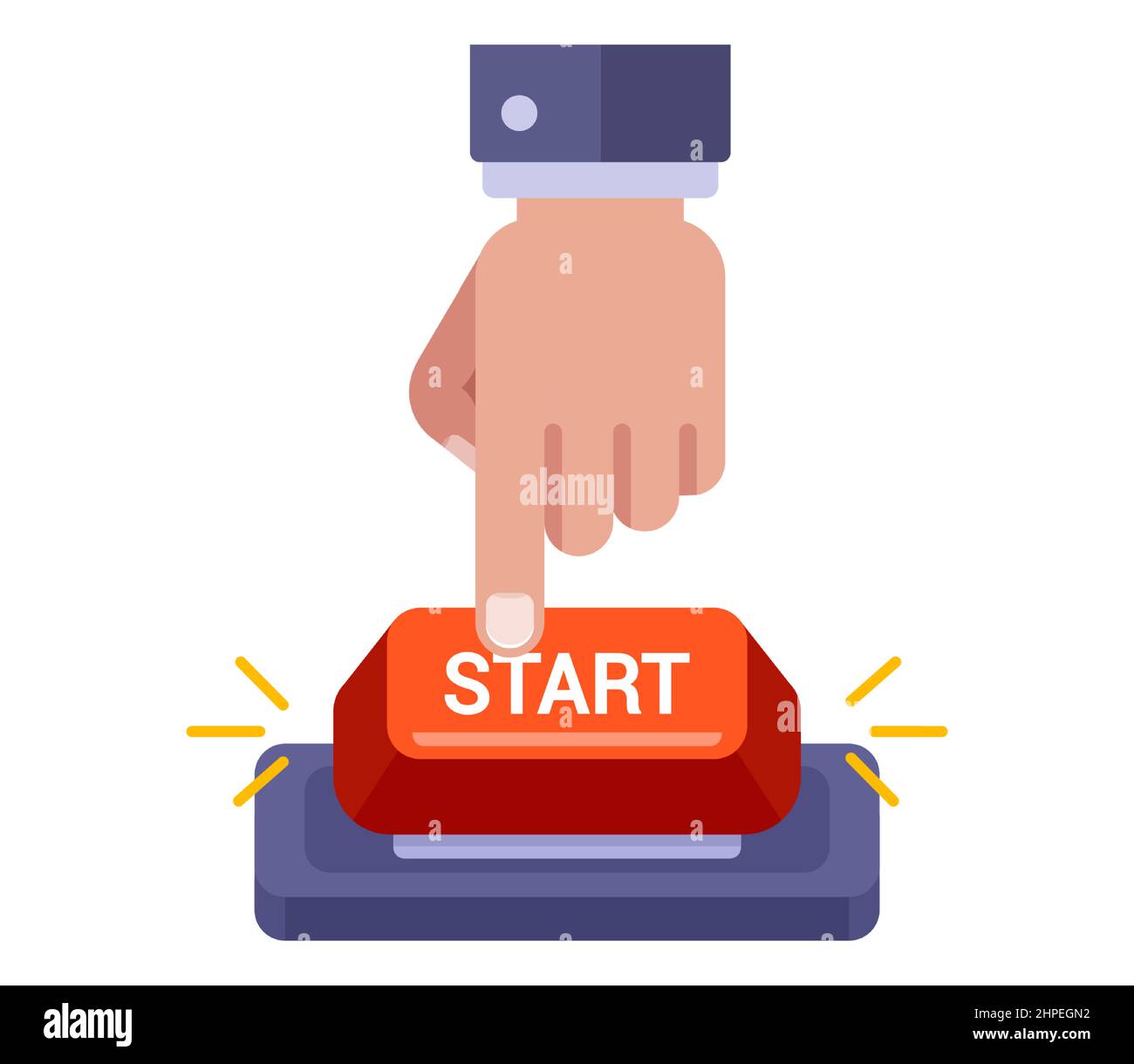 man presses the red start button. flat vector illustration isolated on ...