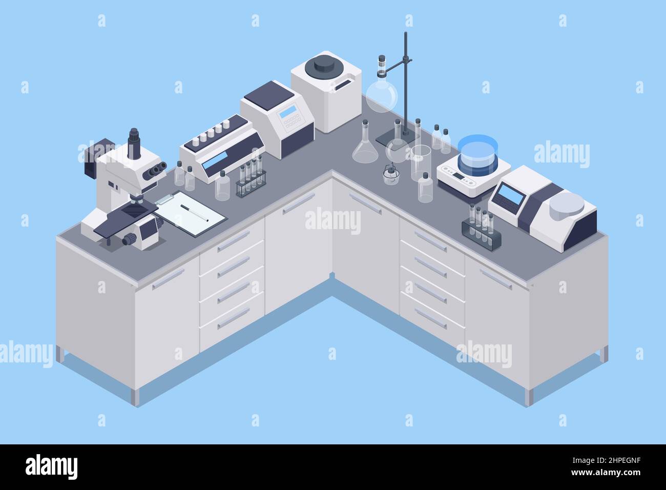 Isometric chemical laboratory concept. Laboratory assistants work in ...
