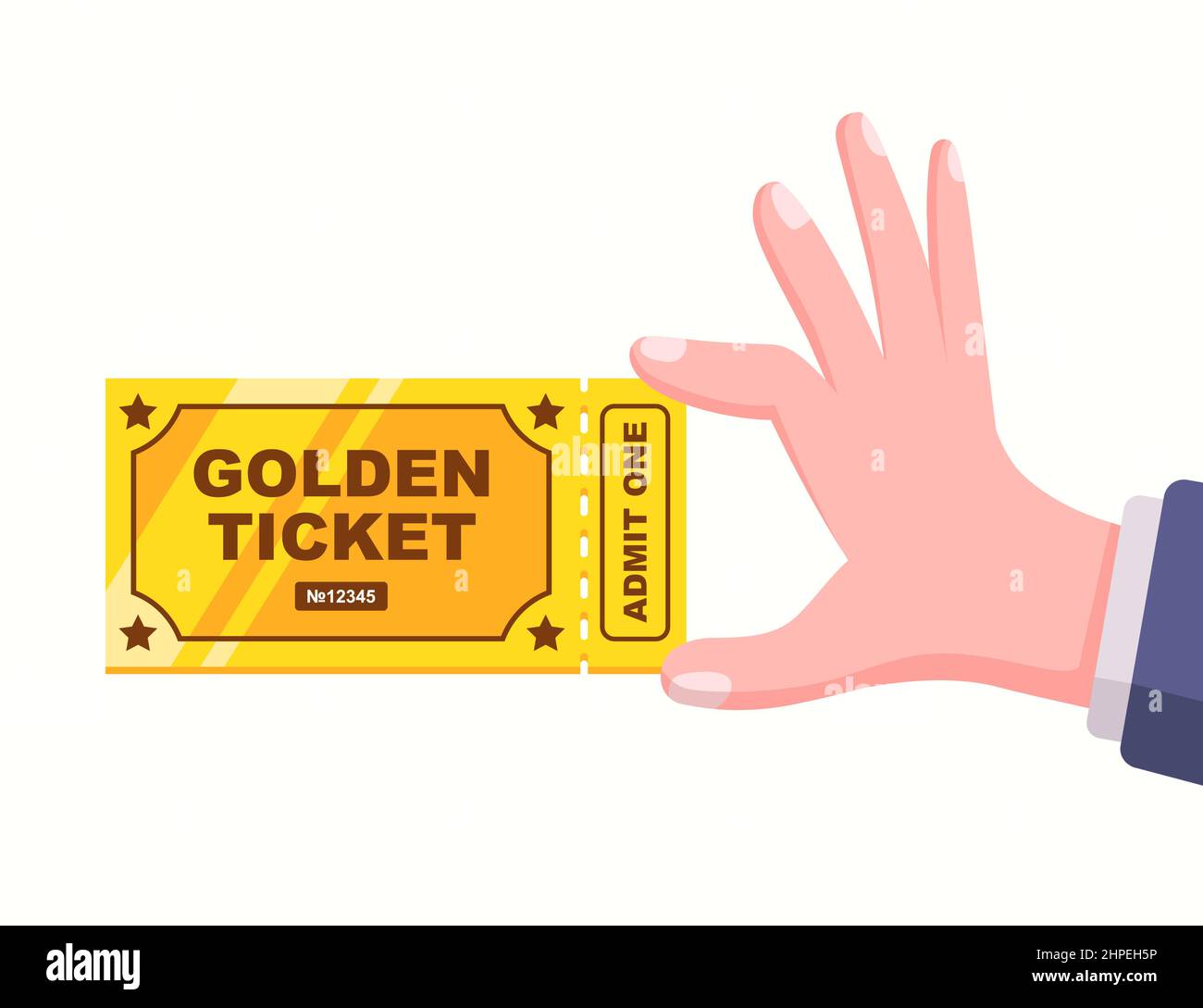 a golden unique ticket in a person's hand. flat vector illustration ...