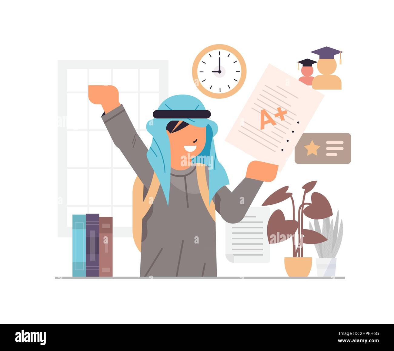 arab schoolboy student holding A plus perfect grade paper test ...