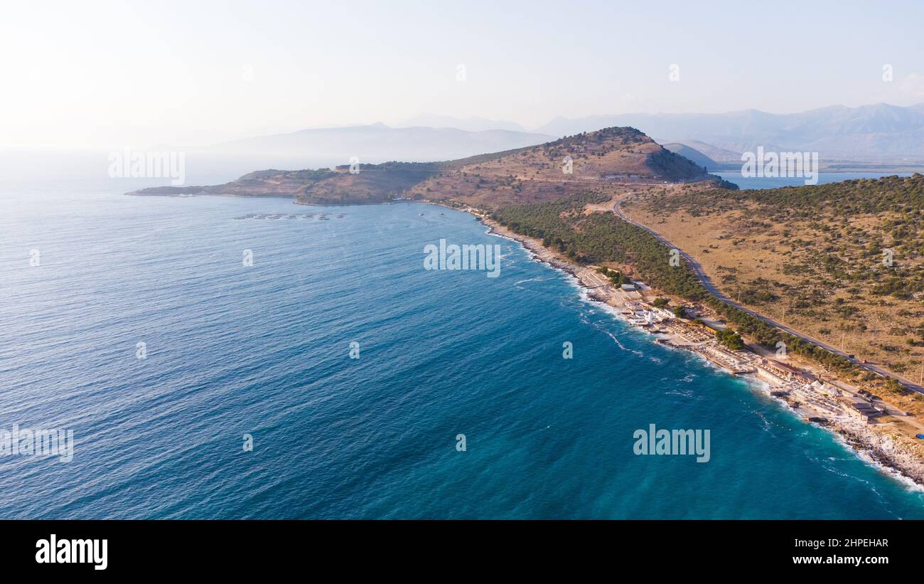 Typical Albanian landscape on the Adriatic shore with mountains. Sunny ...