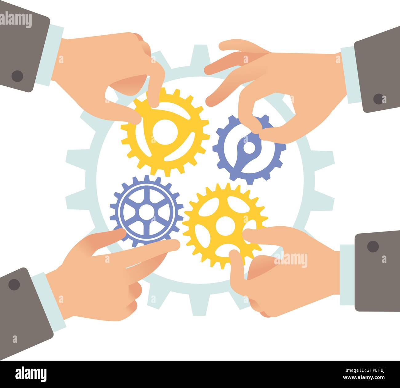 Business team. Contribution to big system, hands control mechanism of ...