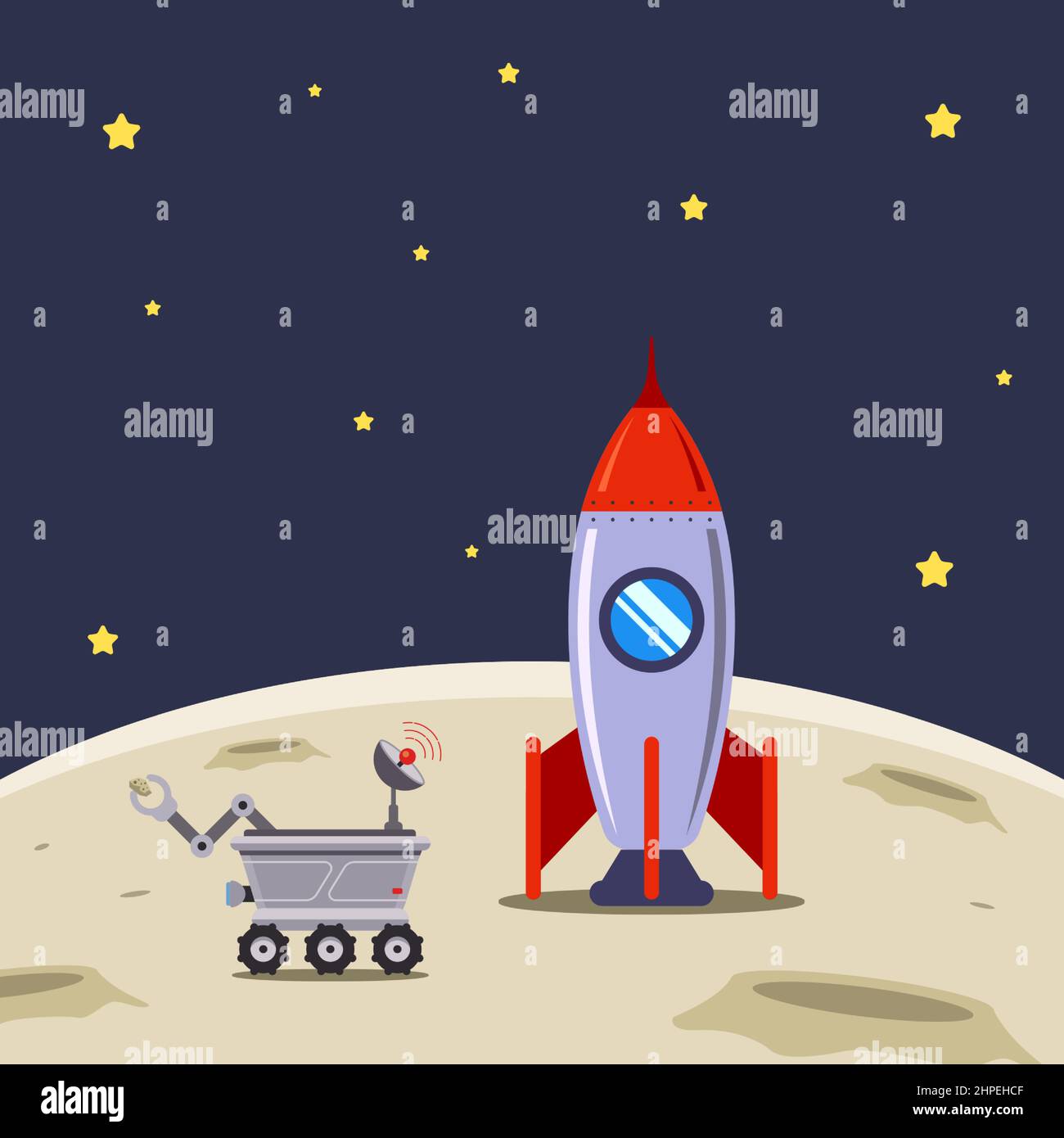 spaceship has landed on the moon for exploration. flat vector ...