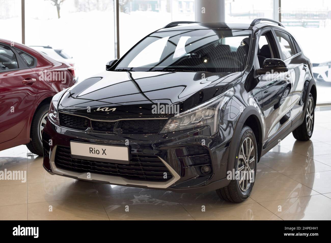 Russia, Izhevsk - February 17, 2022: KIA showroom. New modern KIA Rio X ...