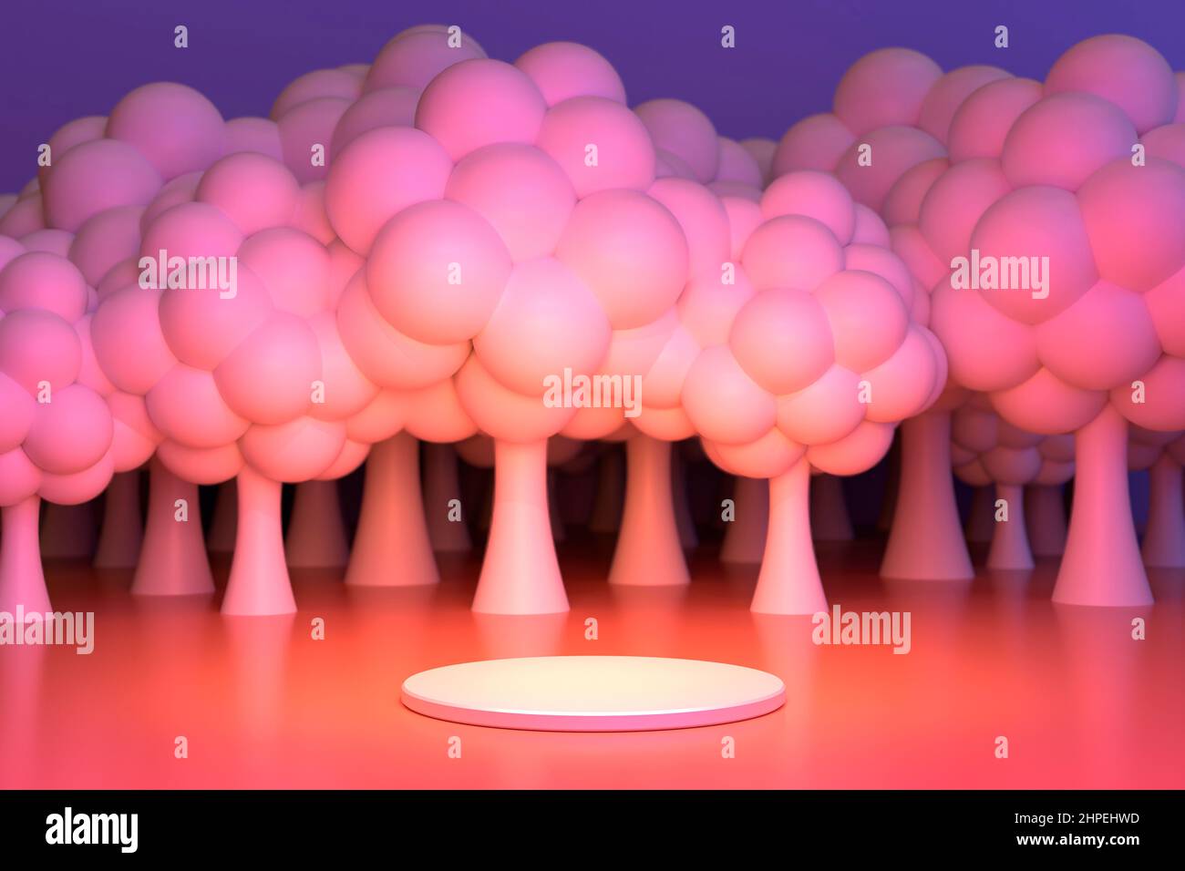 Neon catwalk with cartoon forest. A pedestal with trees. 3D Render ...