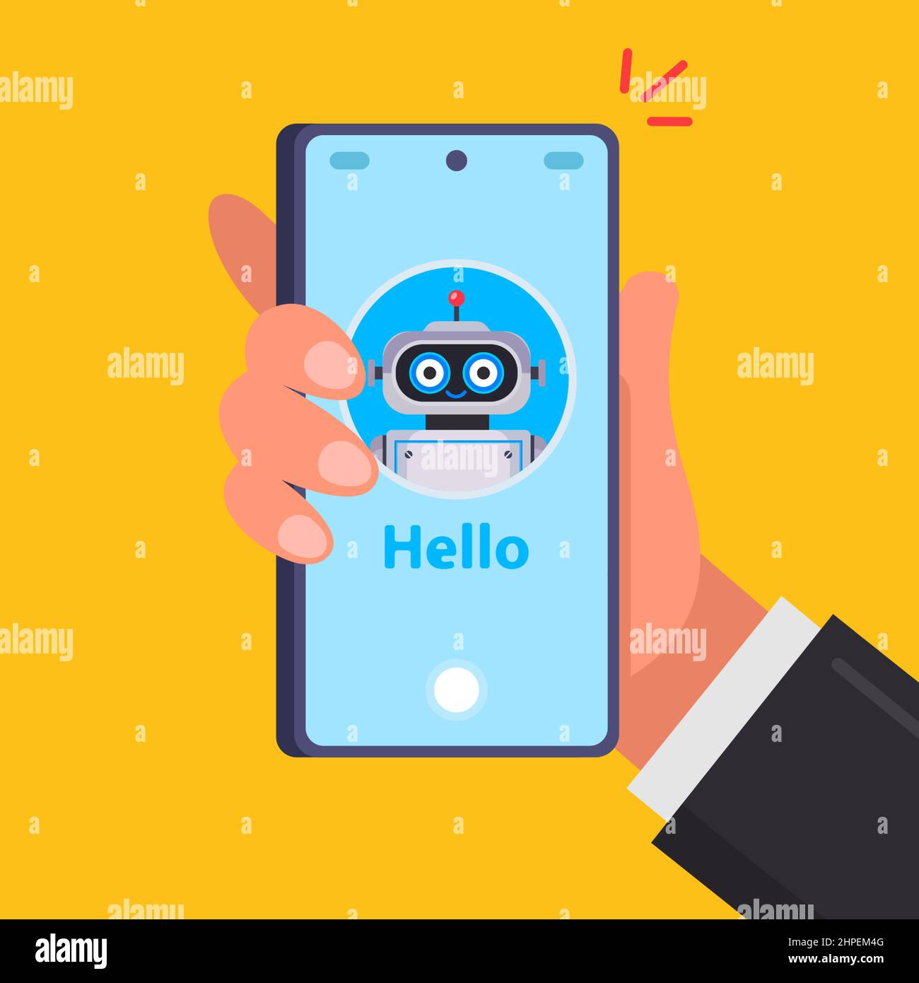 hand holds a smartphone. smiling robot on the phone screen. flat vector ...