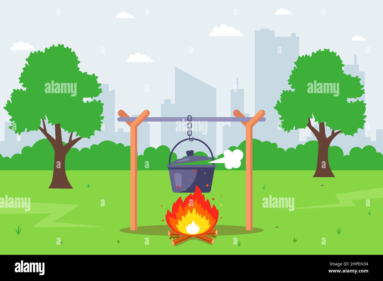 cook over a fire in the forest. cooking food in pots. flat vector ...