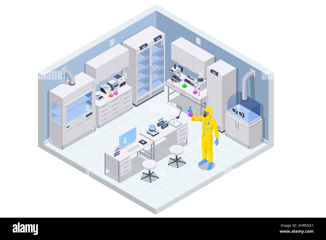 Isometric chemical laboratory concept. Laboratory assistants work in ...