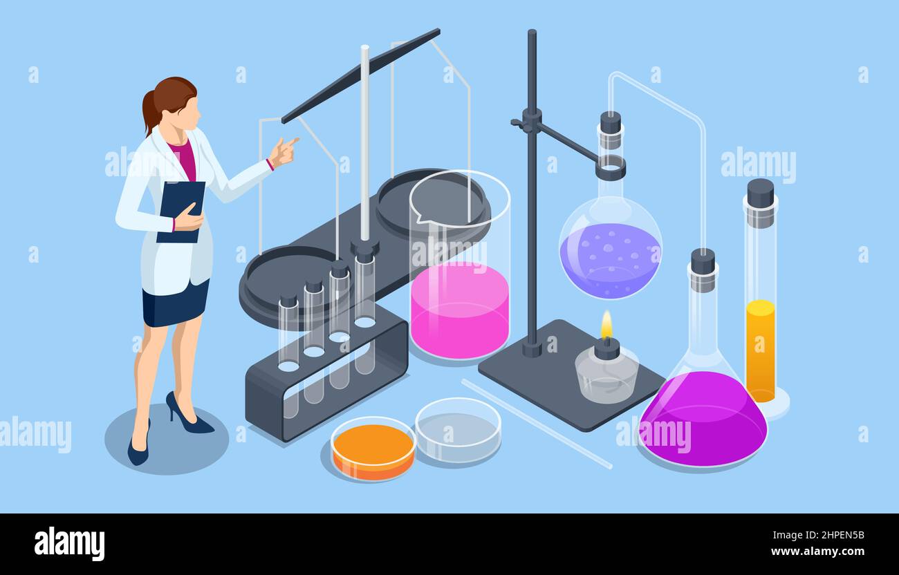 Isometric chemical laboratory concept. Laboratory assistants work in ...