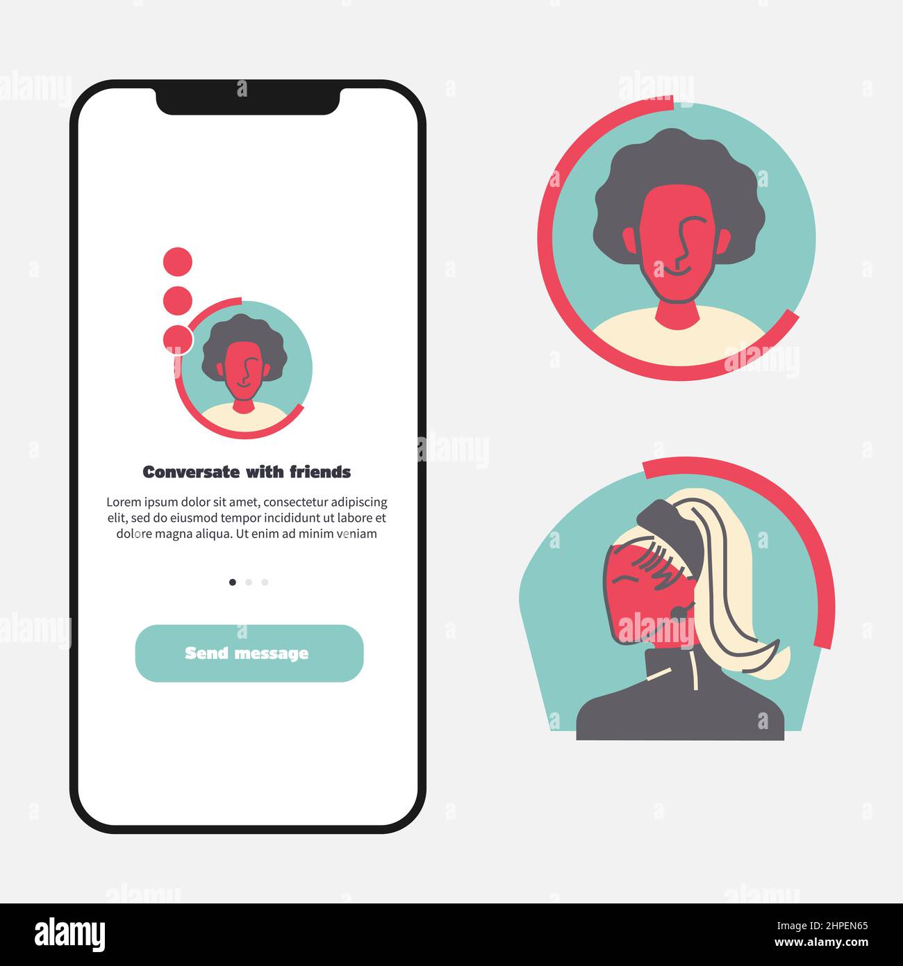 Flat style avatars - man and woman, with smartphone screen mockup ...