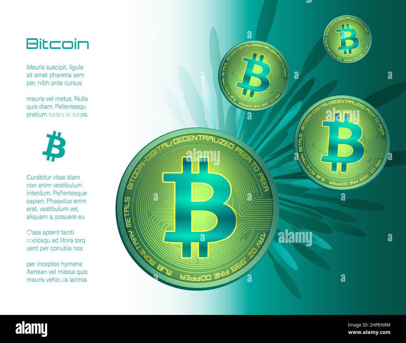 Bitcoin coins and firework on white and green background, infographics ...
