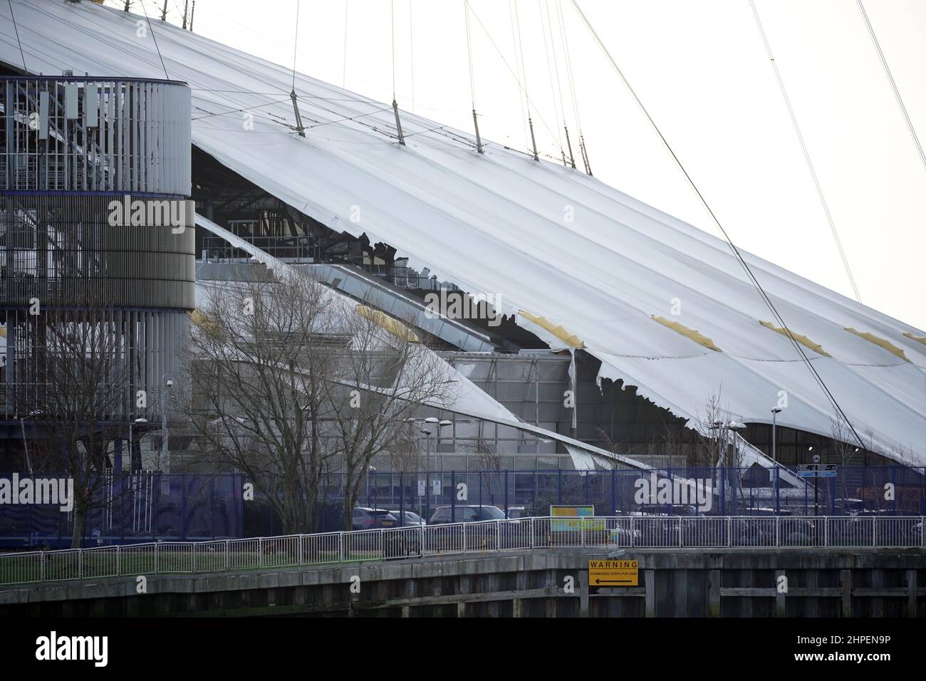 Damage to the white roof covering at the O2 arena in London, which will ...