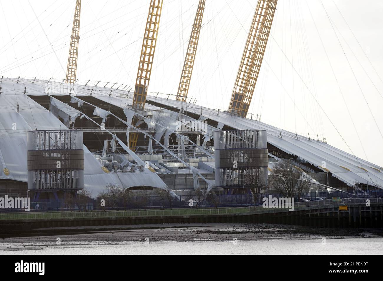 Damage to the white roof covering at the O2 arena in London, which will ...