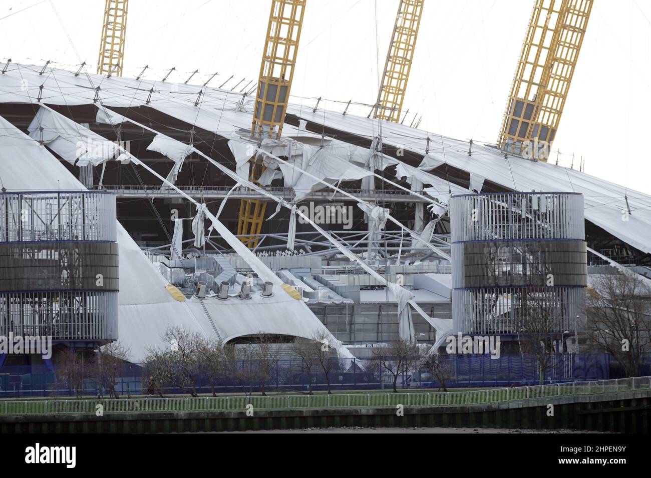 Damage to the white roof covering at the O2 arena in London, which will ...