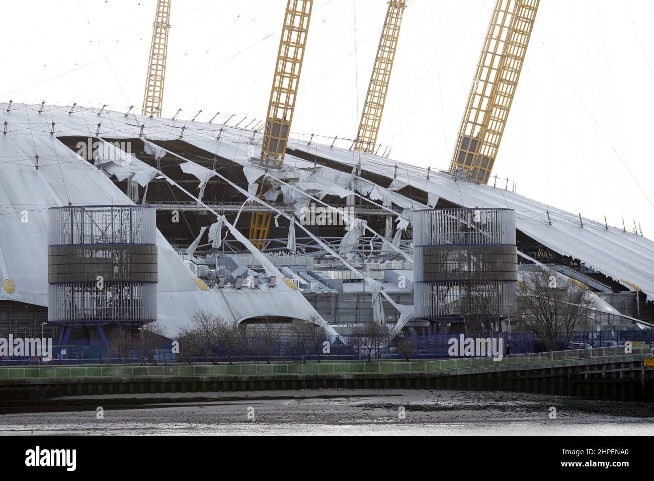 Damage to the white roof covering at the O2 arena in London, which will ...