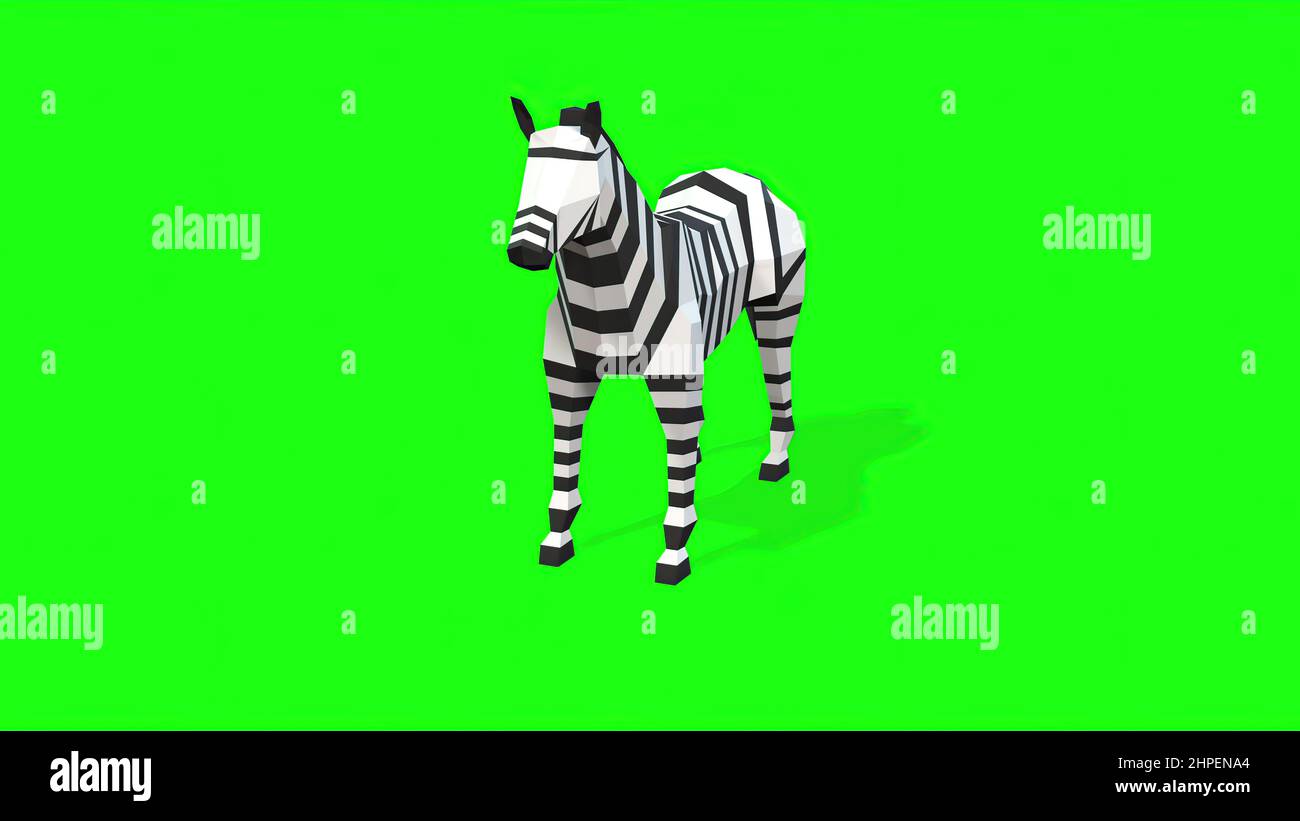3d illustration - low poly model of Zebra on green screen background ...