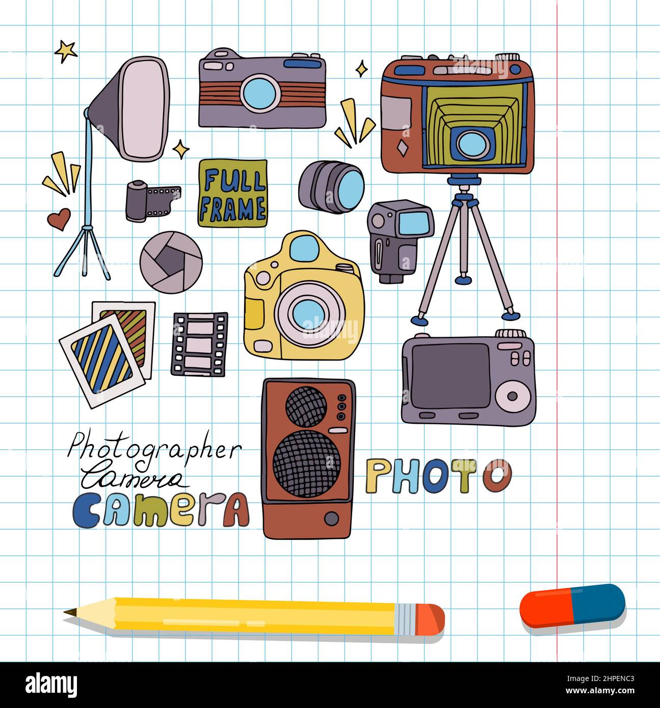 Vector photo cameras sketch set. Hand drawn style. Different types of ...