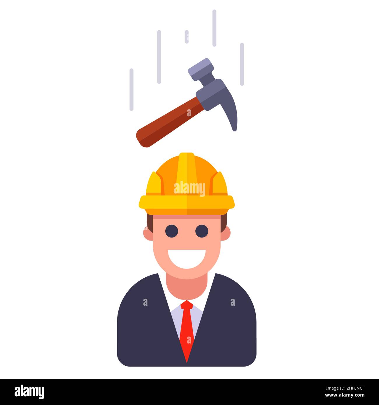 a hammer falling on a person in a helmet. flat vector illustration ...