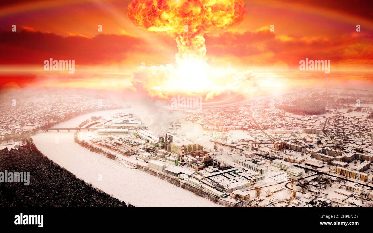 nuclear explosion on the background of an eastern European city top ...