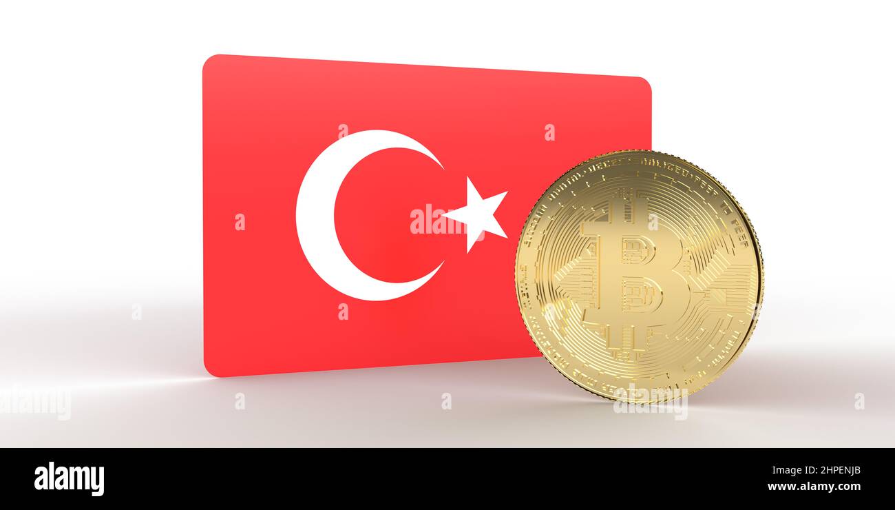 Turkish national flag of Turkey with golden metallic bitcoin ...