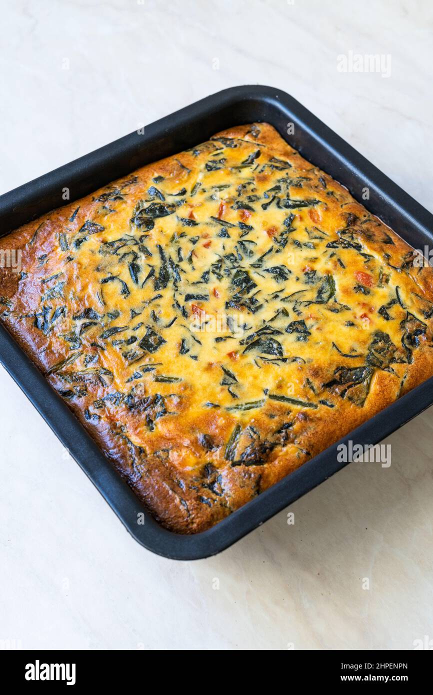 Quiche Vegetarian Spinach Pie or Tart in Baking Tray. Freshly Baked ...