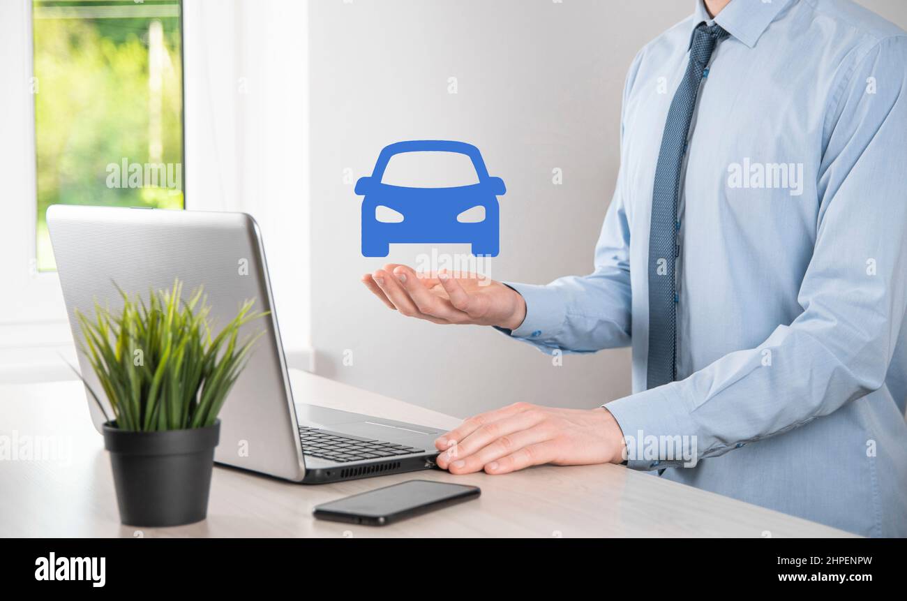 Digital composite of Man holding car icon.Car automobile insurance and ...