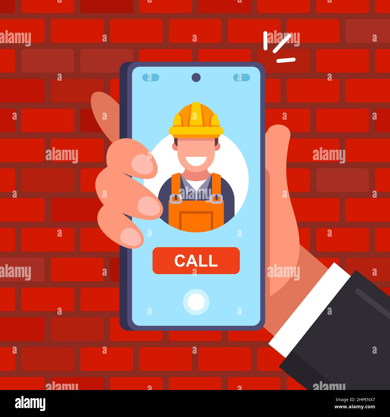 call the builder in a helmet by phone. call the repairman to the house ...