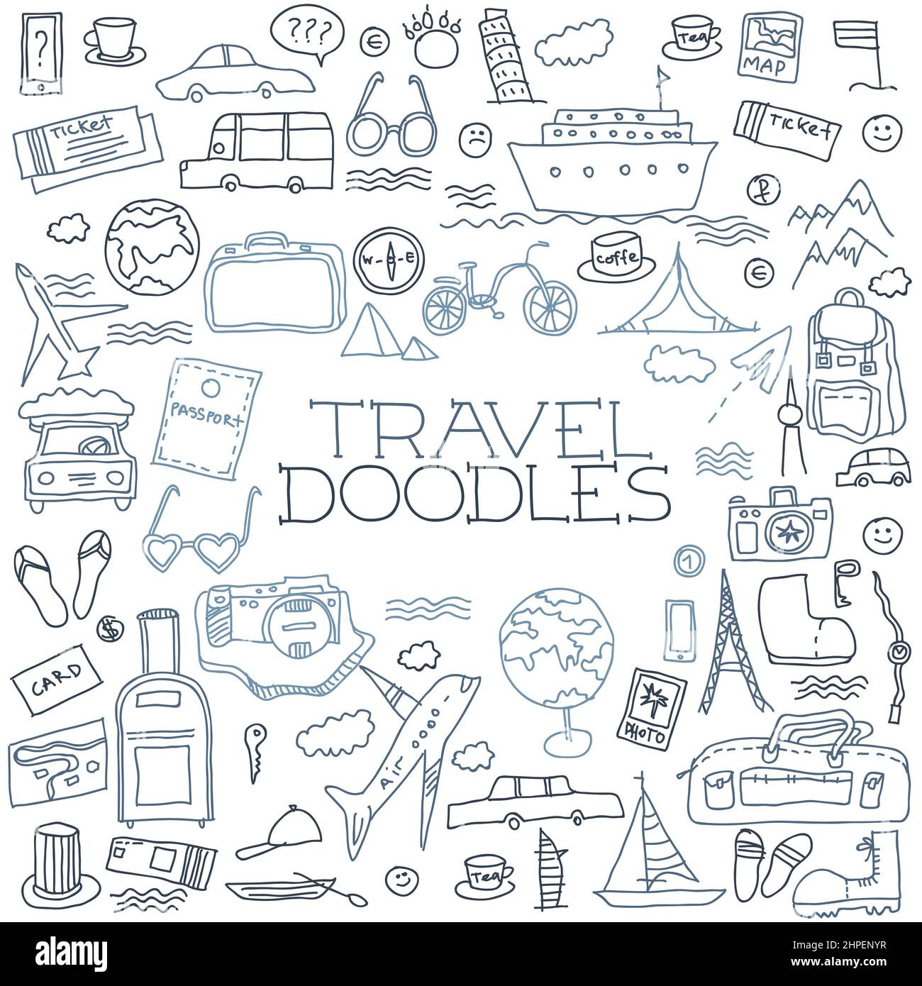 Hand drawn travel, tourism doodles elements vector illustration Stock ...
