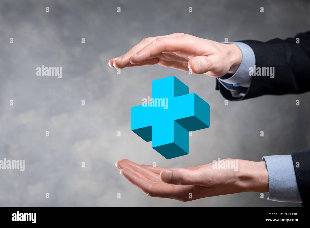 Businessman hold 3D plus icon, man hold in hand offer positive thing ...