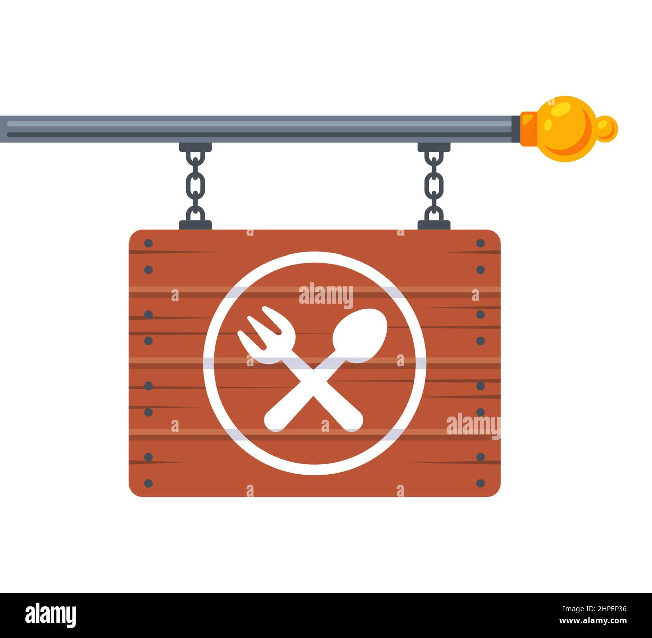 hanging wooden signboard with fork and spoon icon. advertising cafe ...