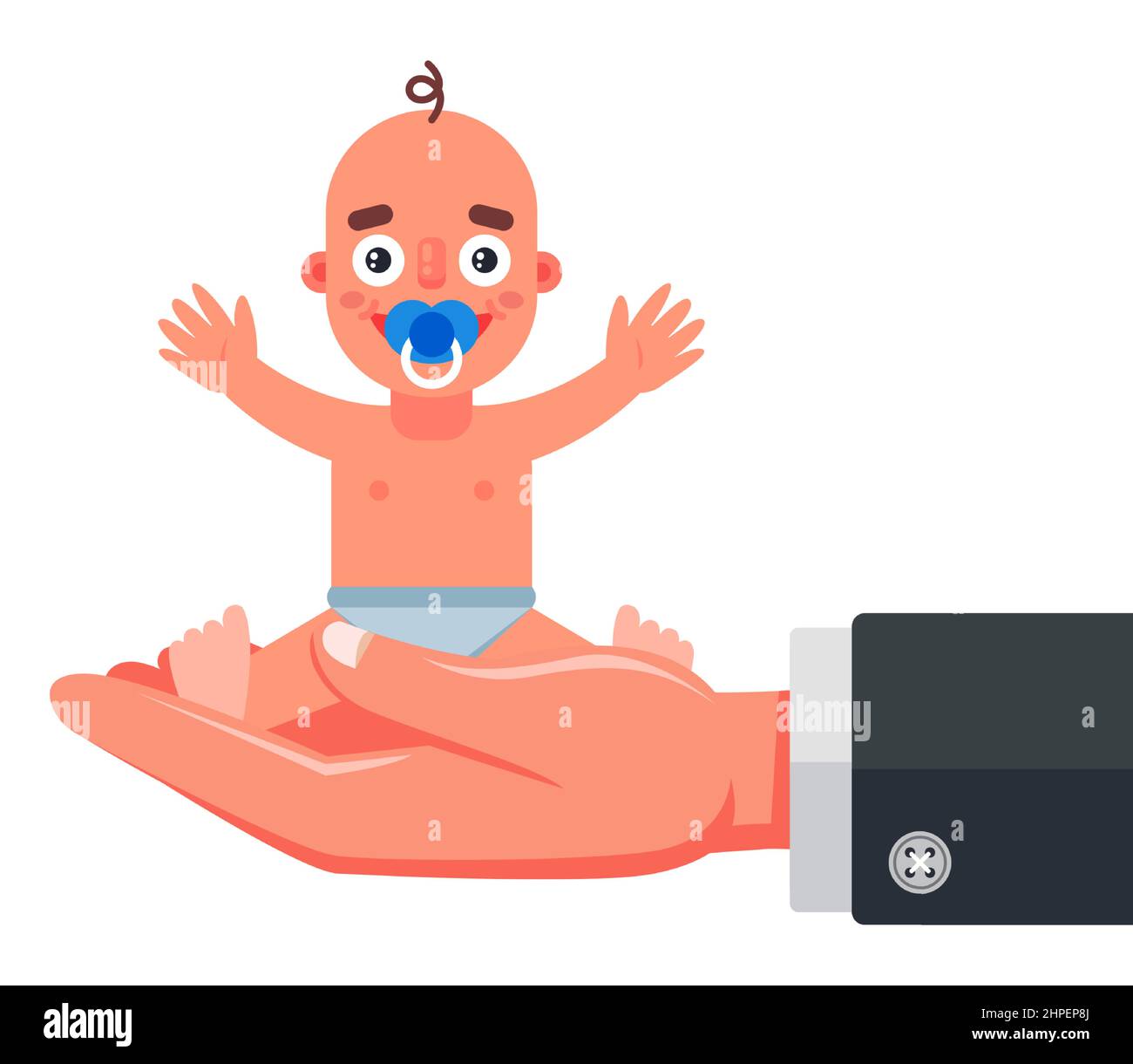 a newborn baby is held in the palm of a man. flat vector illustration ...