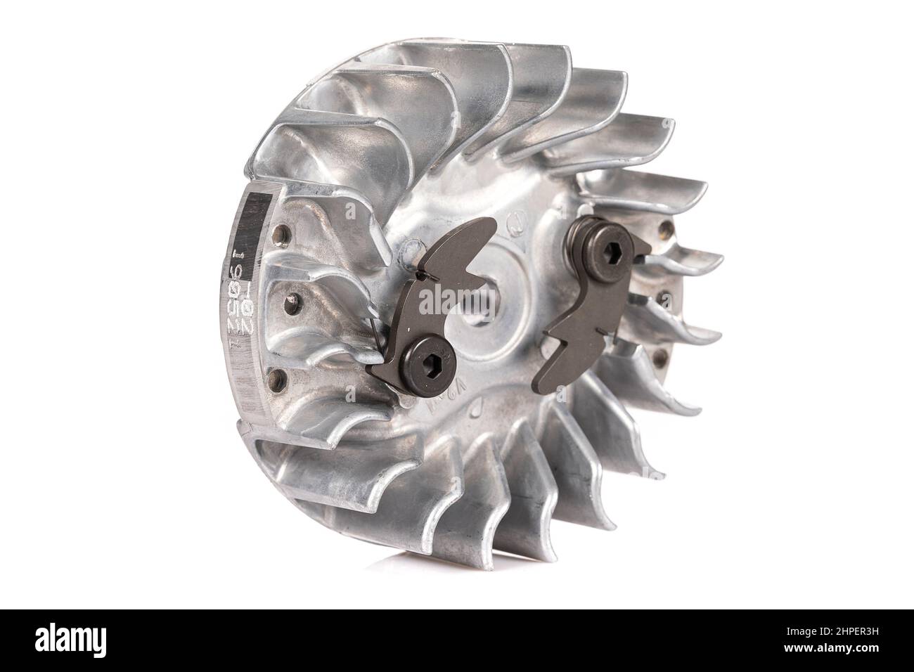 aluminum flywheel for a modern chainsaw on a white background Stock ...