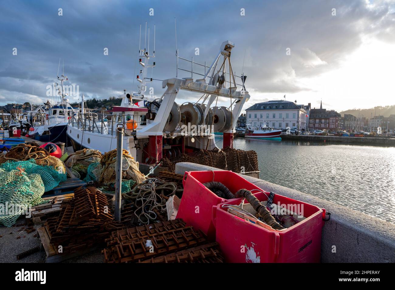 Honfleur fishing port on the Normandy coast in France with boats and ...