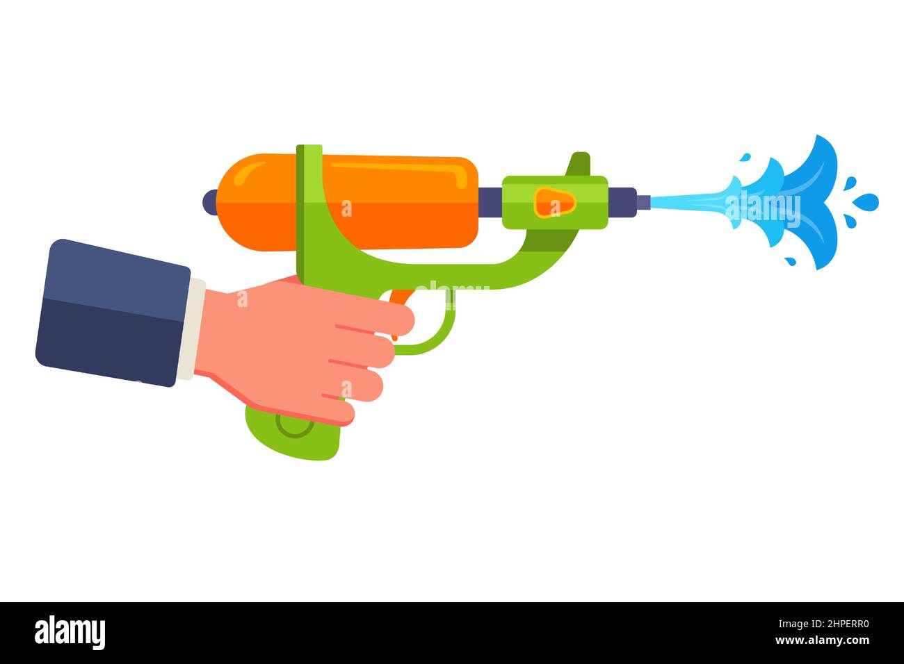 the hand holds a water pistol and shoots water. flat vector ...