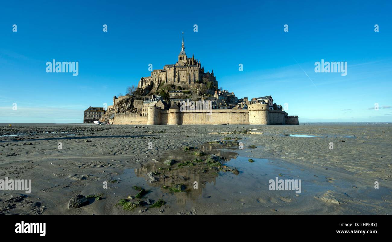 Medieval and tourist site of the abbey of Mont Saint-Michel in Normandy ...