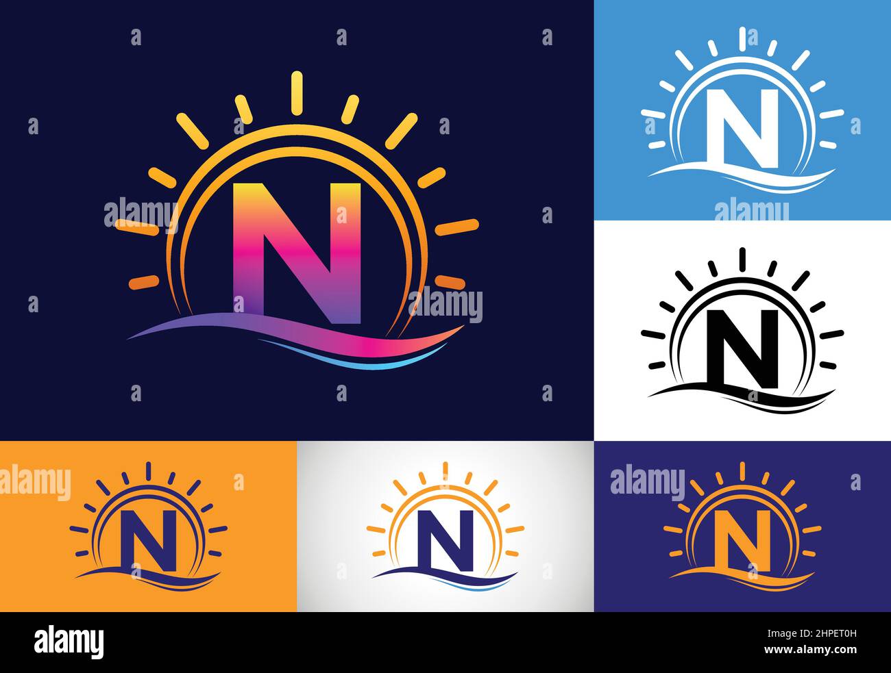 Initial N monogram alphabet with abstract sun and wave. Ocean sun logo ...