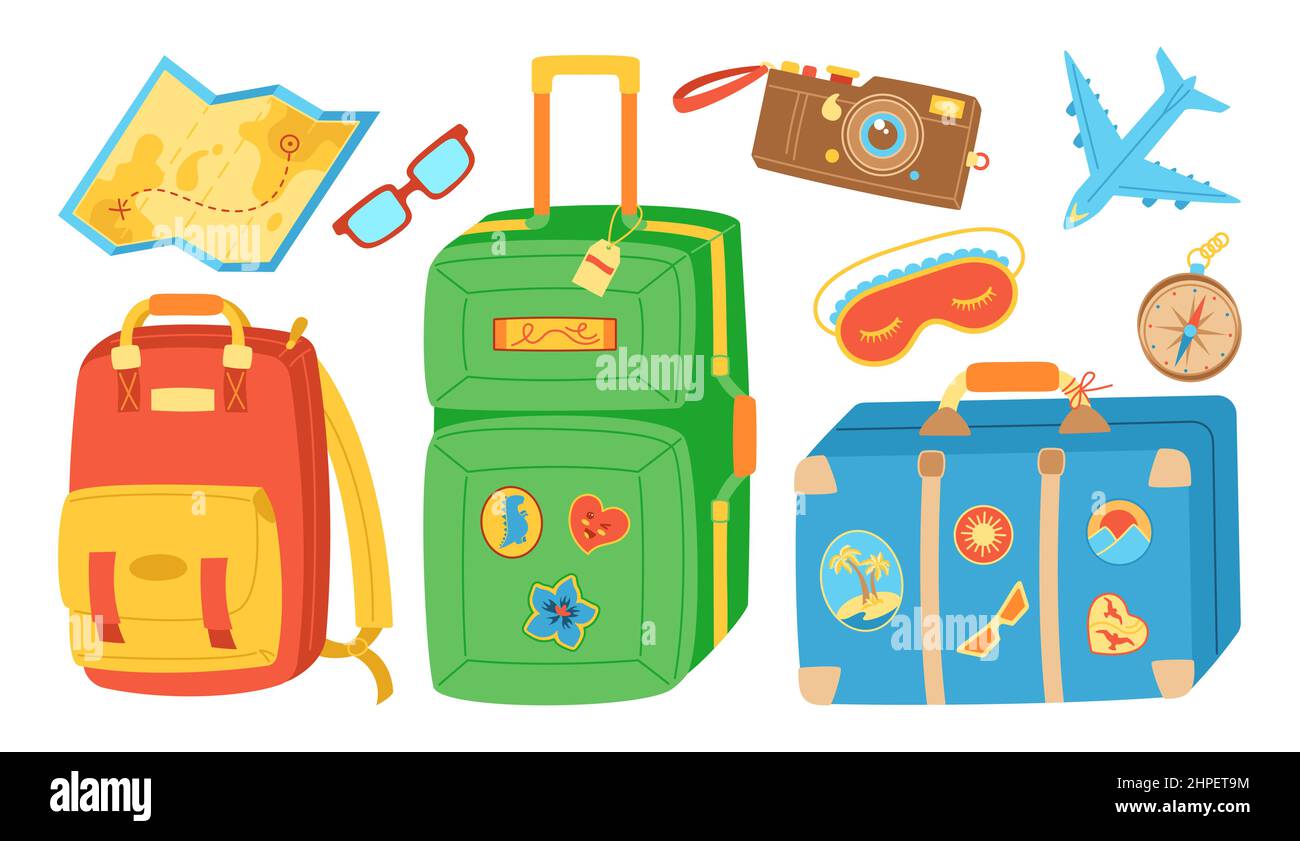 Travel or vacation journey cartoon line set. Vintage camera, sleep mask ...