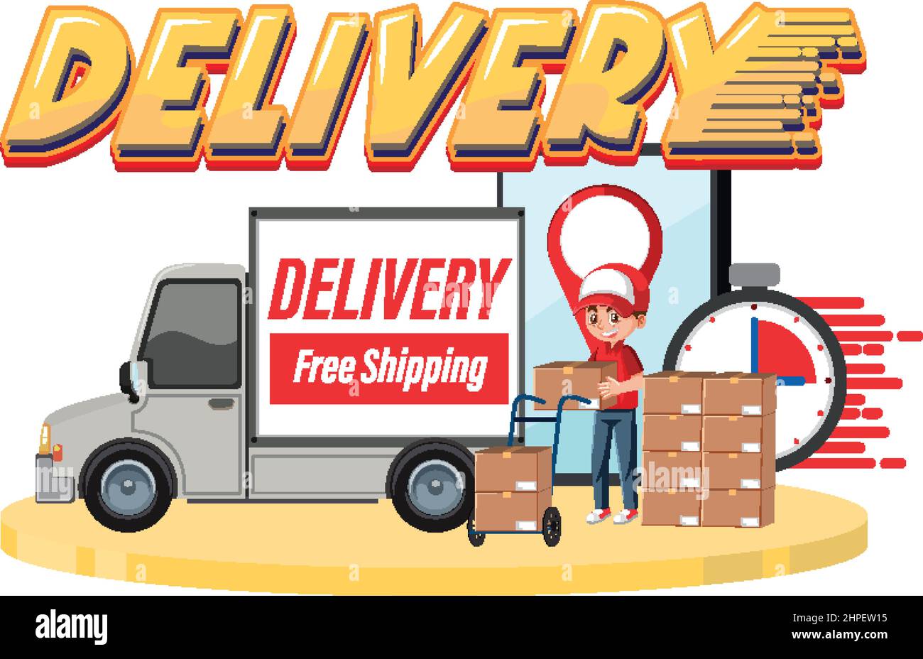 Delivery font logo with panel van and courier illustration Stock Vector ...