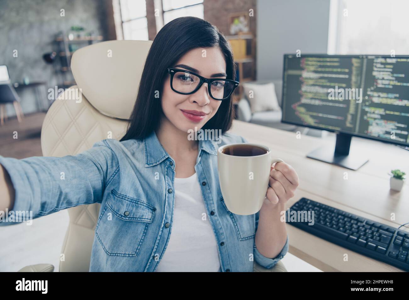 Self-portrait of attractive cheery professional girl leader hr director ...