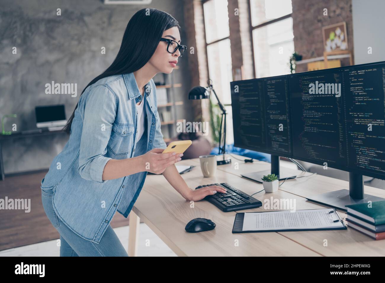 Profile side view portrait of attractive focused skilled girl expert ...