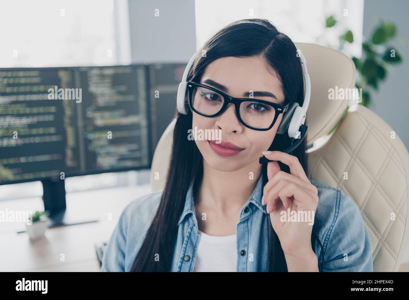 Portrait of attractive skilled smart clever long-haired girl expert ...