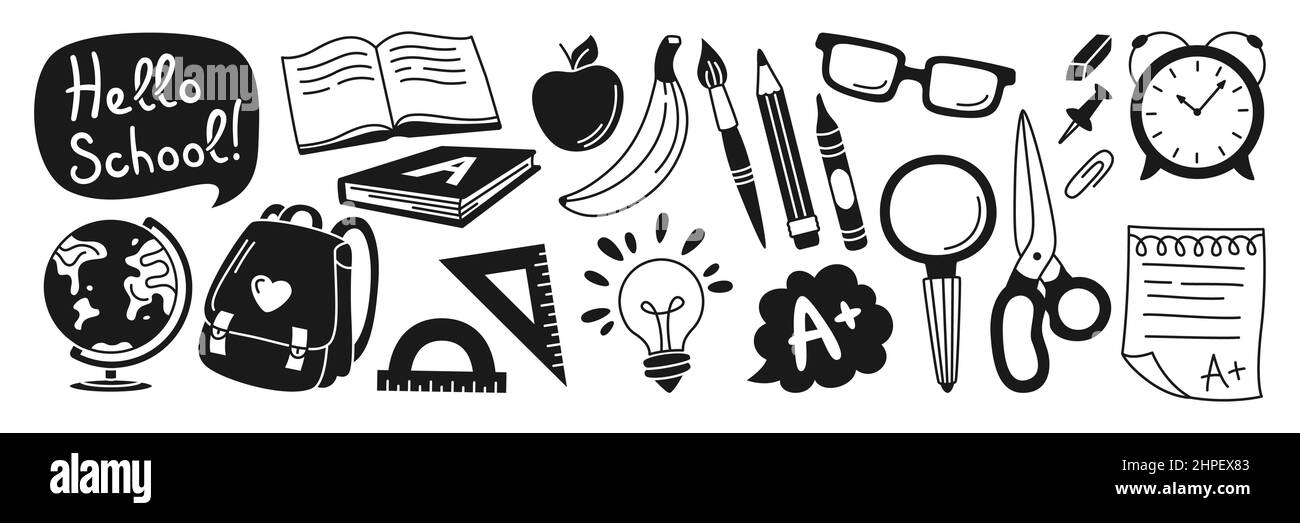 Back to School drawn glyph stamp set. Learning school supplies doodle ...