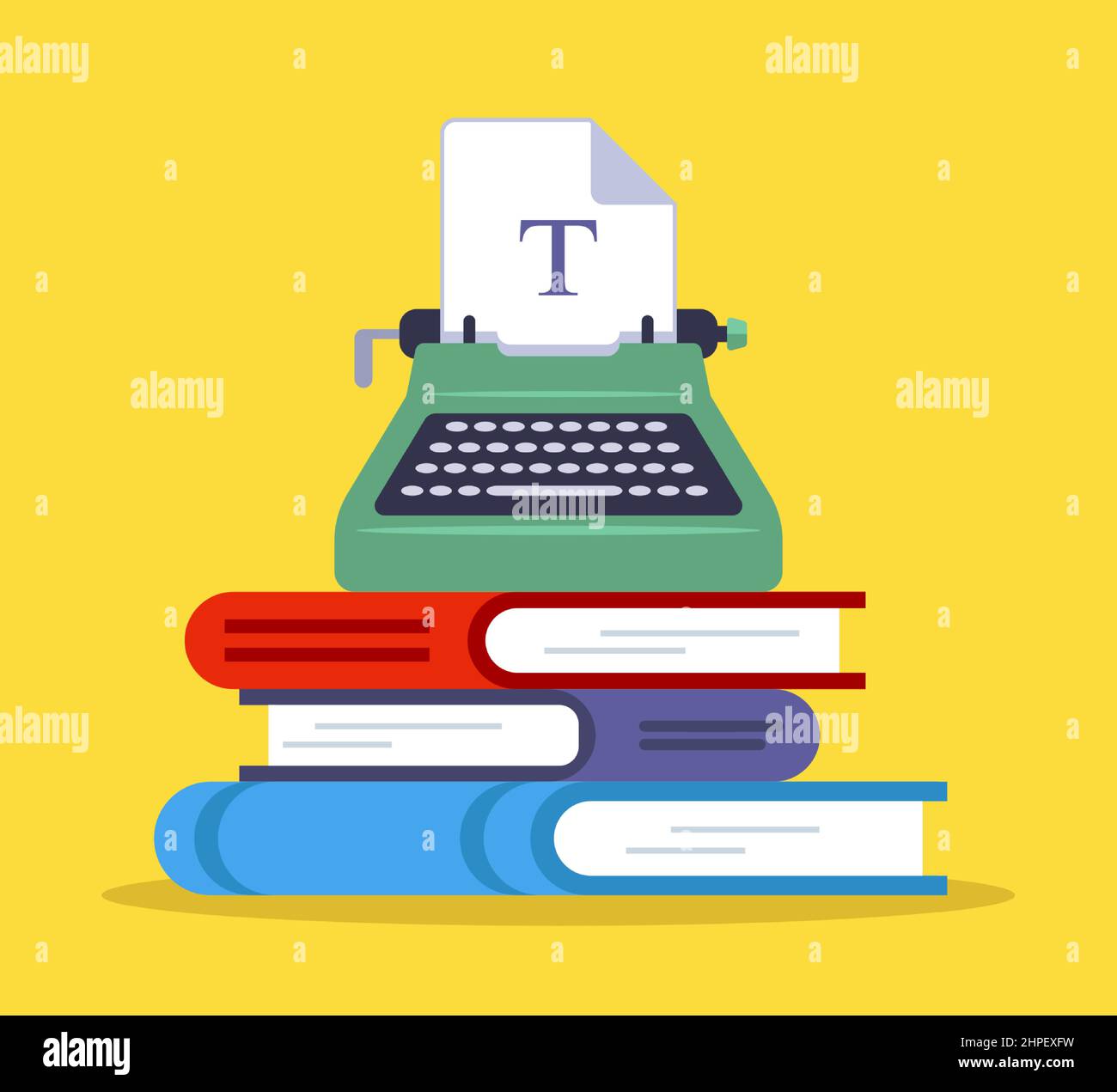 a printing press on a mountain made of books. writing activity. flat ...