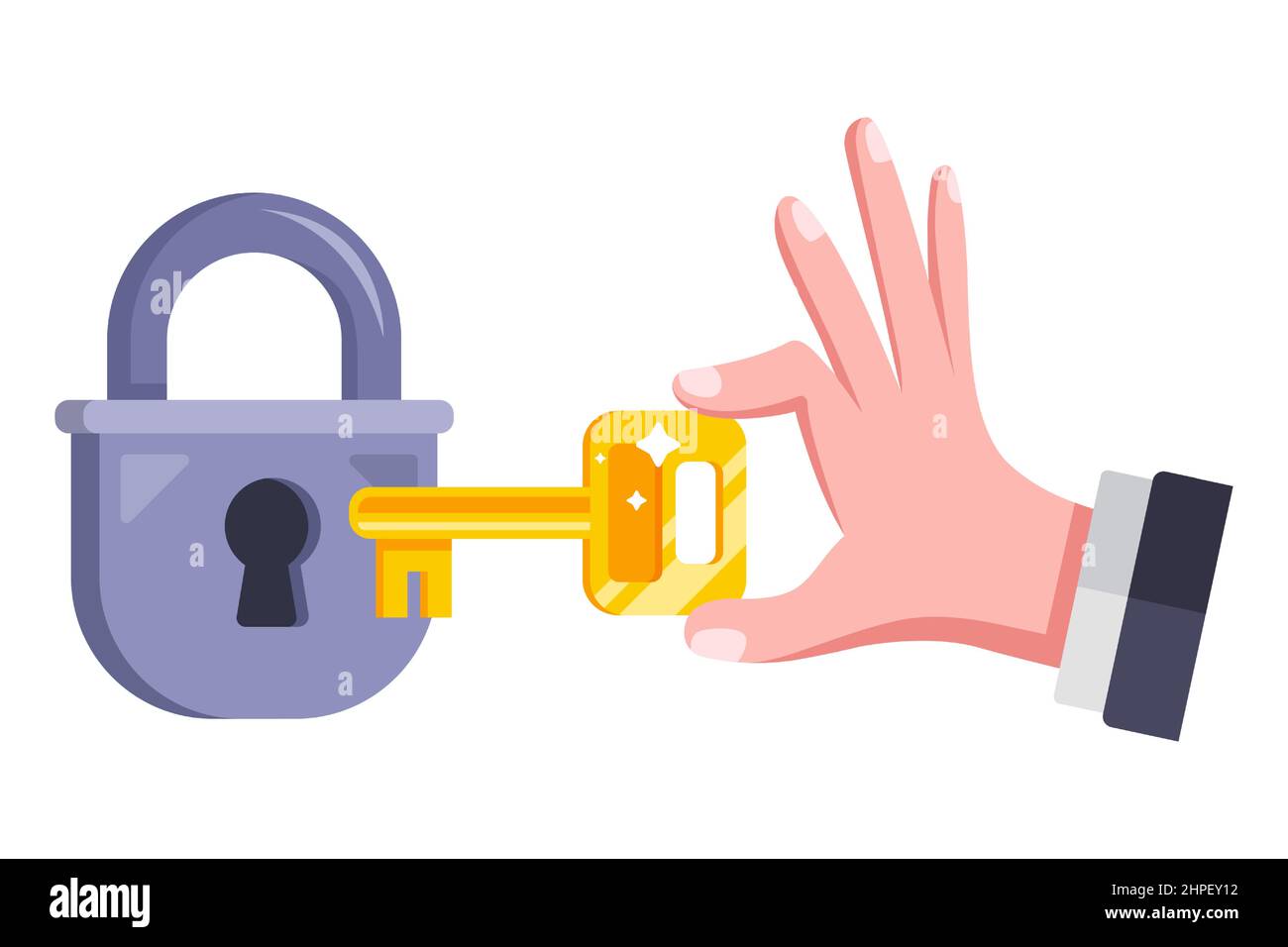 a person opens a padlock with a key. flat vector illustration Stock ...