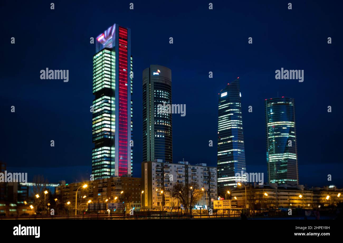Night view of the Cuatro Torres Business Area, Madrid's main financial ...