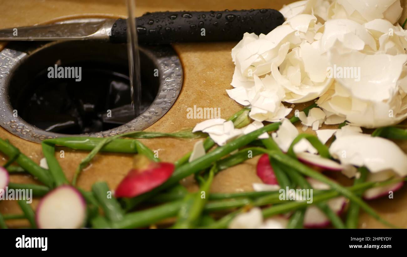 Organic garbage in sink with built-in food waste disposer. vegetable or ...