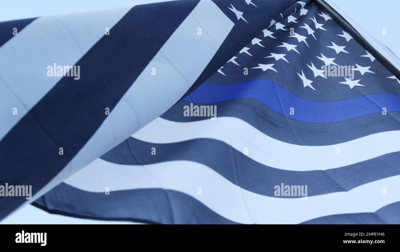 Black white american monochrome flag with blue stripe or line, police ...