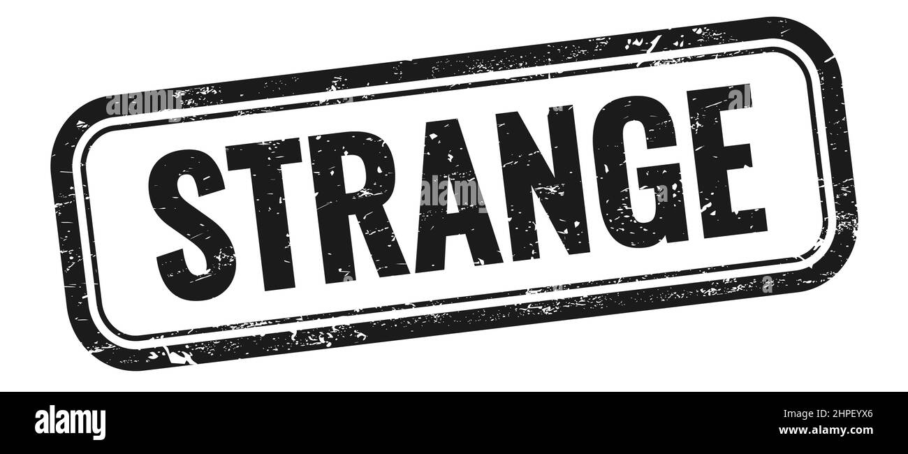 STRANGE text on black grungy vintage rectangle stamp Stock Photo - Alamy